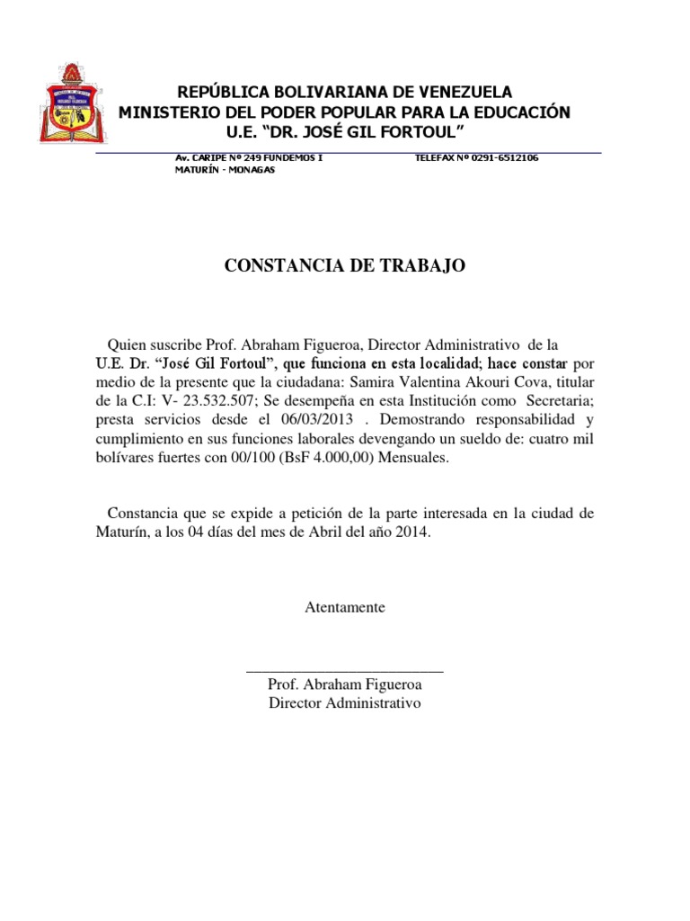 Modelo Carta Laboral O Constancia De Trabajo – OMDU