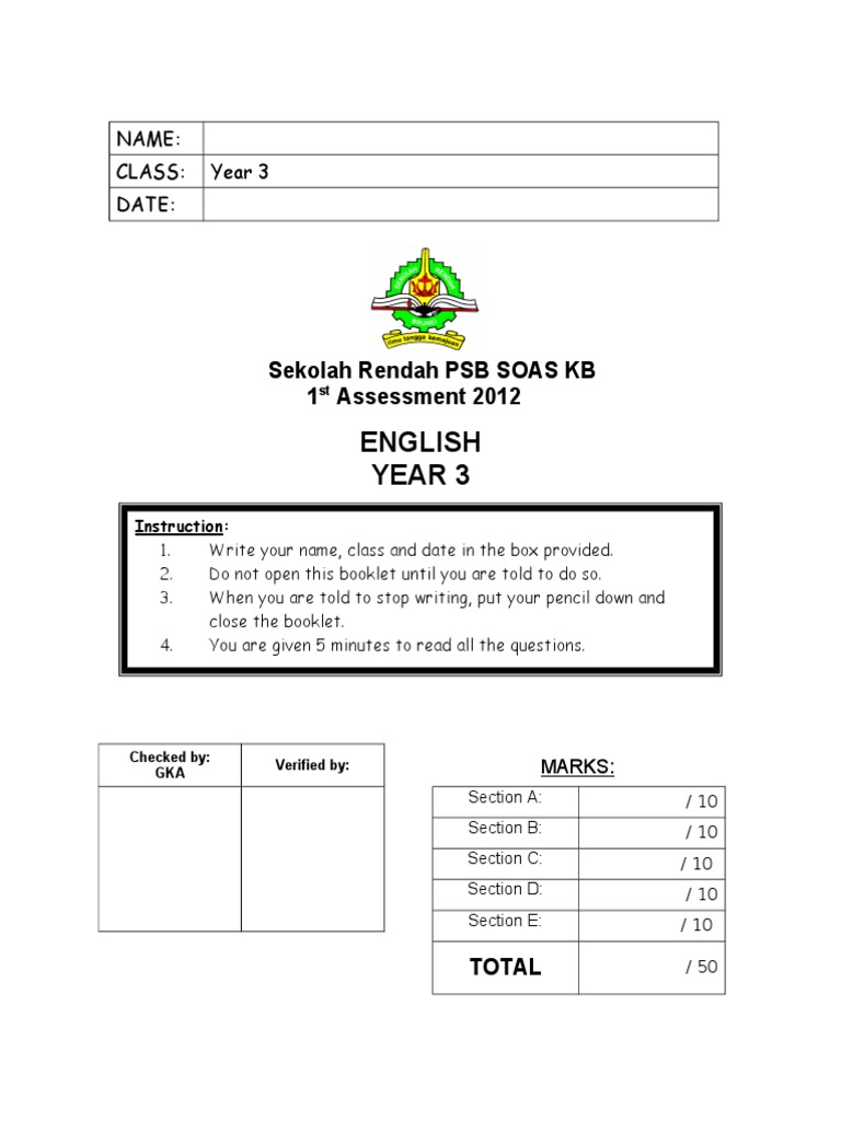 English Exam Paper Paper - Doc YEAR 3 TEST | PDF