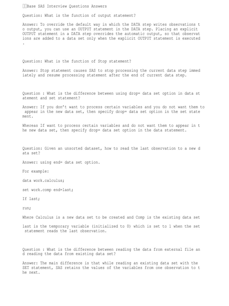 Sas Interview Questions Pdf Sas Software Parameter Computer Programming 