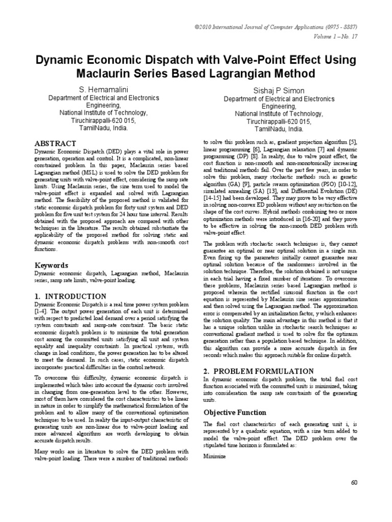 Dynamic Economic Dispatch With Valve-Point Effect Using Maclaurin Series Based Lagrangian Method ...