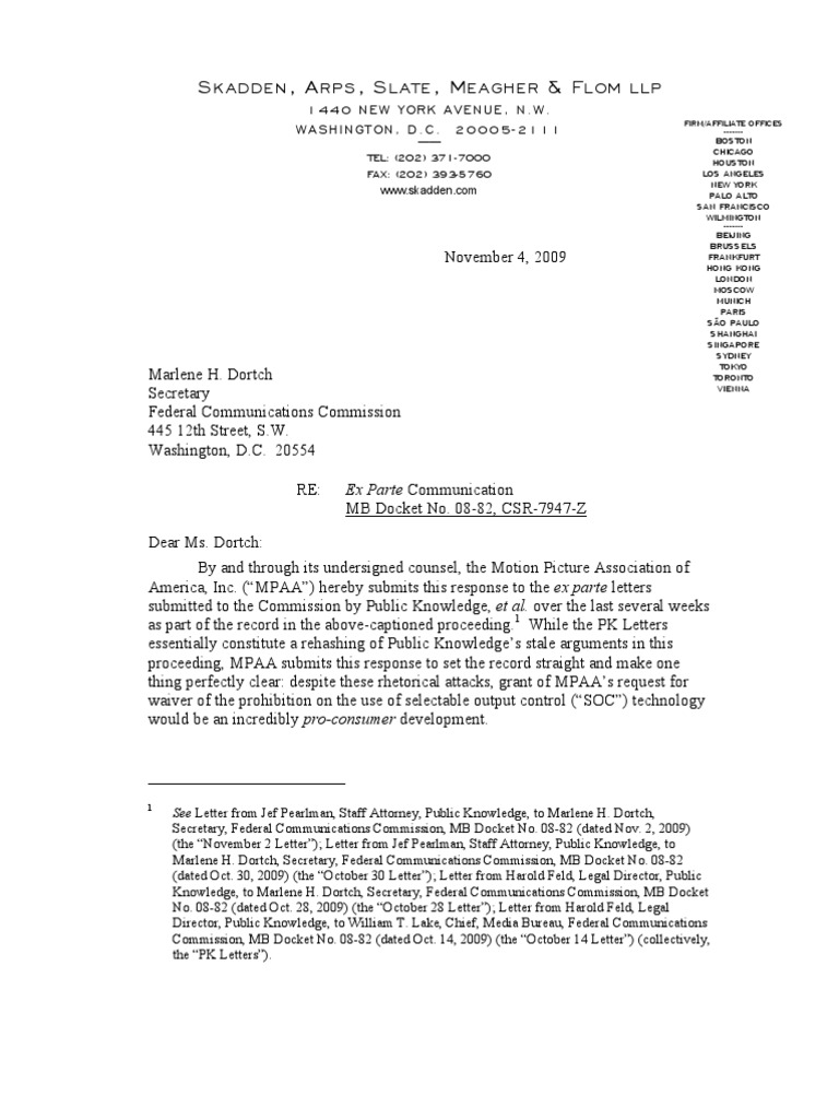 MPAA Ex Parte Communication MB Docket No 08-82 (November 4, 2009) | PDF ...