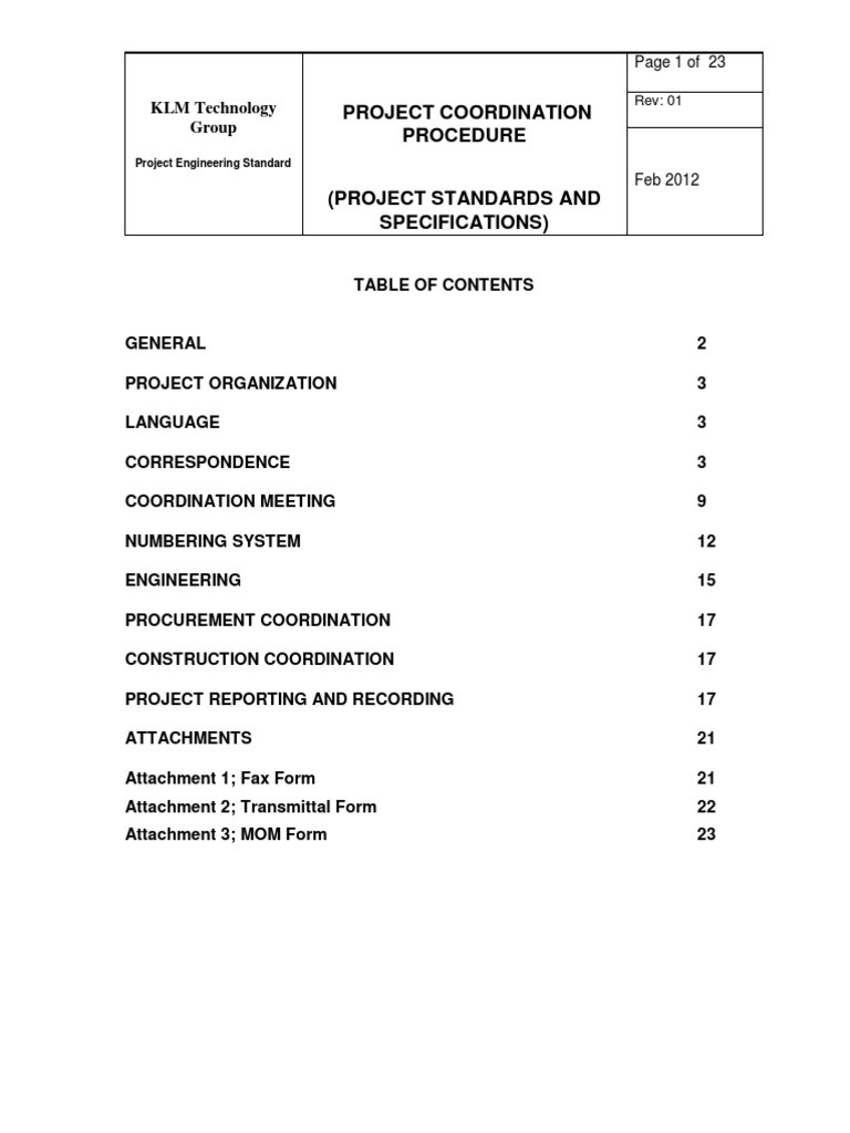PROJECT STANDARD and SPECIFICATIONS Project Coordination Procedure ...
