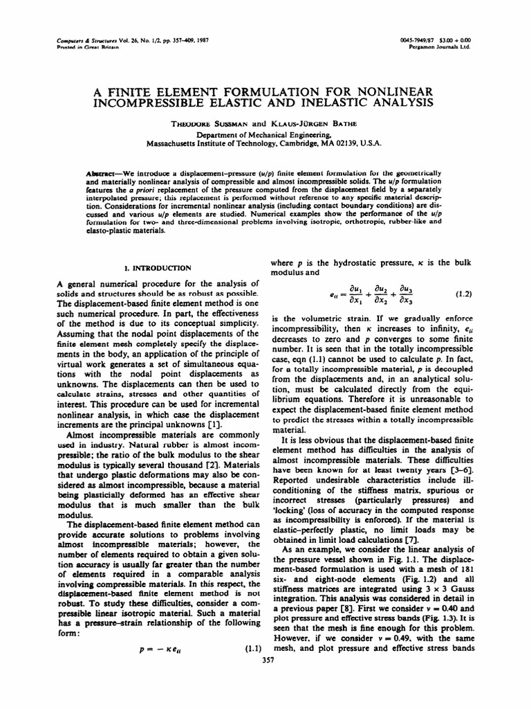 A Finite Element Formulation For Nonlinear Incompressible Elastic and Inelastic Analysis | PDF ...