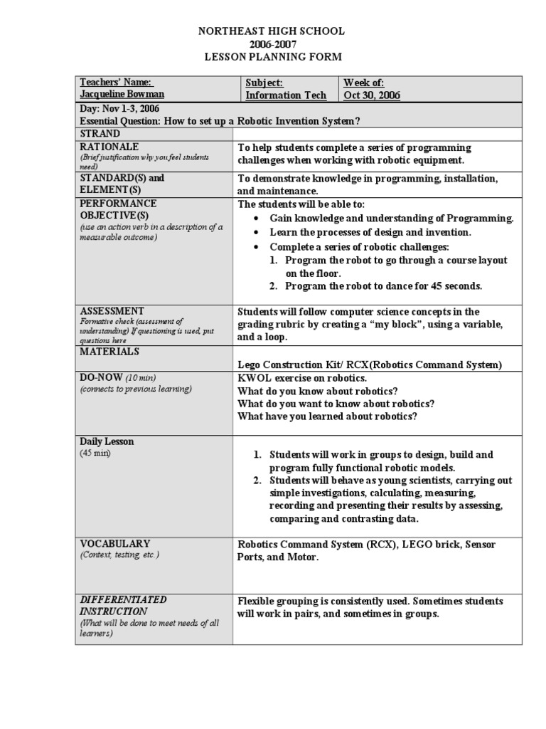 Robotic Lesson Plan | PDF | Robotics | Educational Assessment Robotic Lesson Plan | PDF | Robotics | Educational Assessment