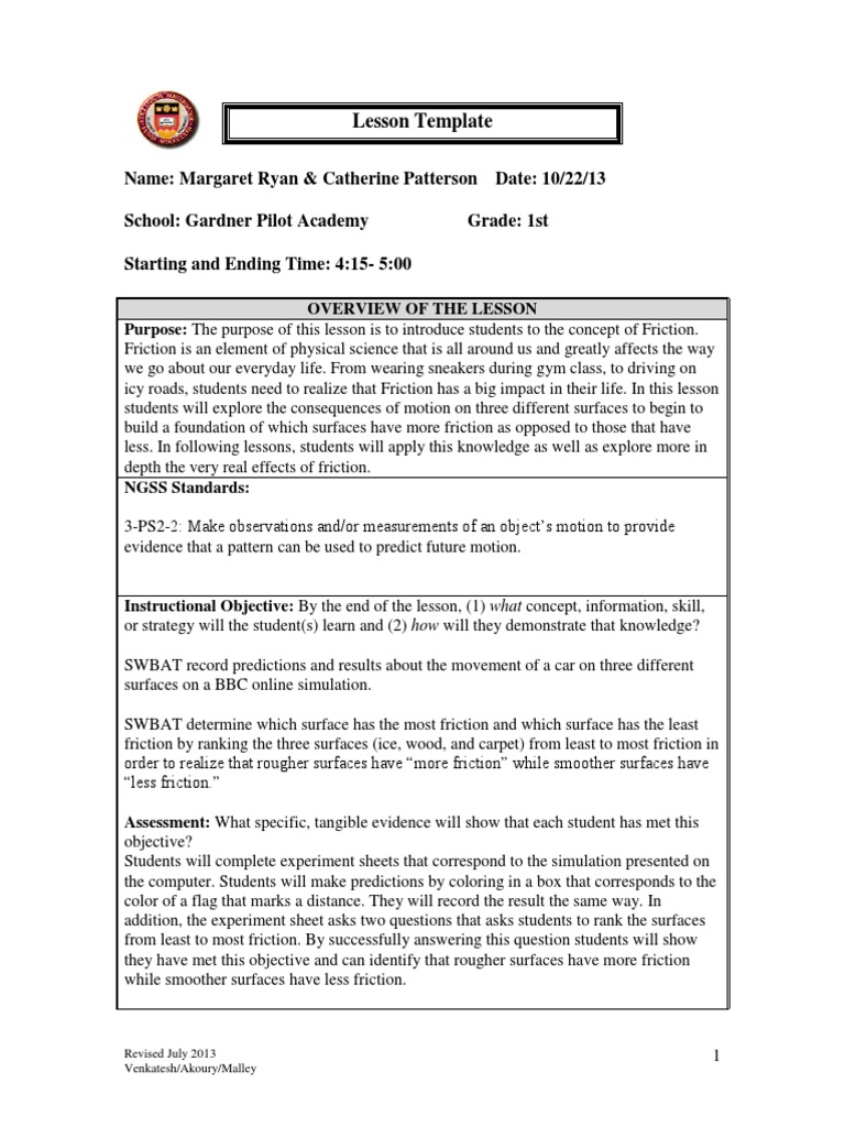Friction Lesson Plan | PDF | Friction | Classroom Management