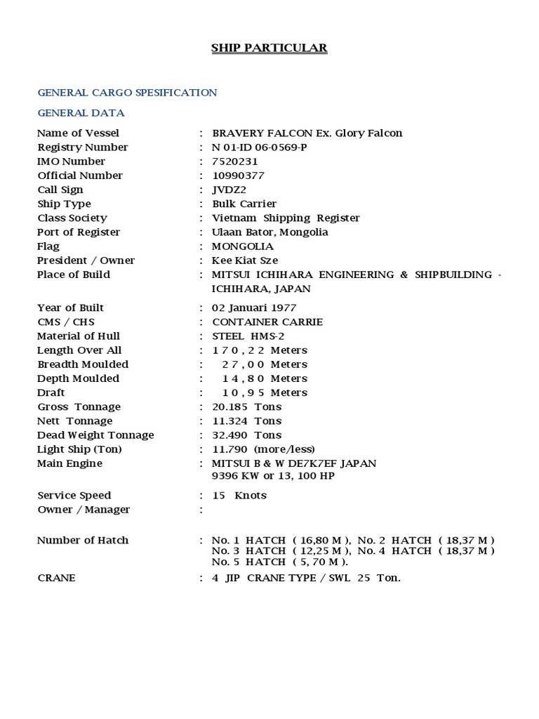 Ship Particulars for Bravery Falcon | PDF
