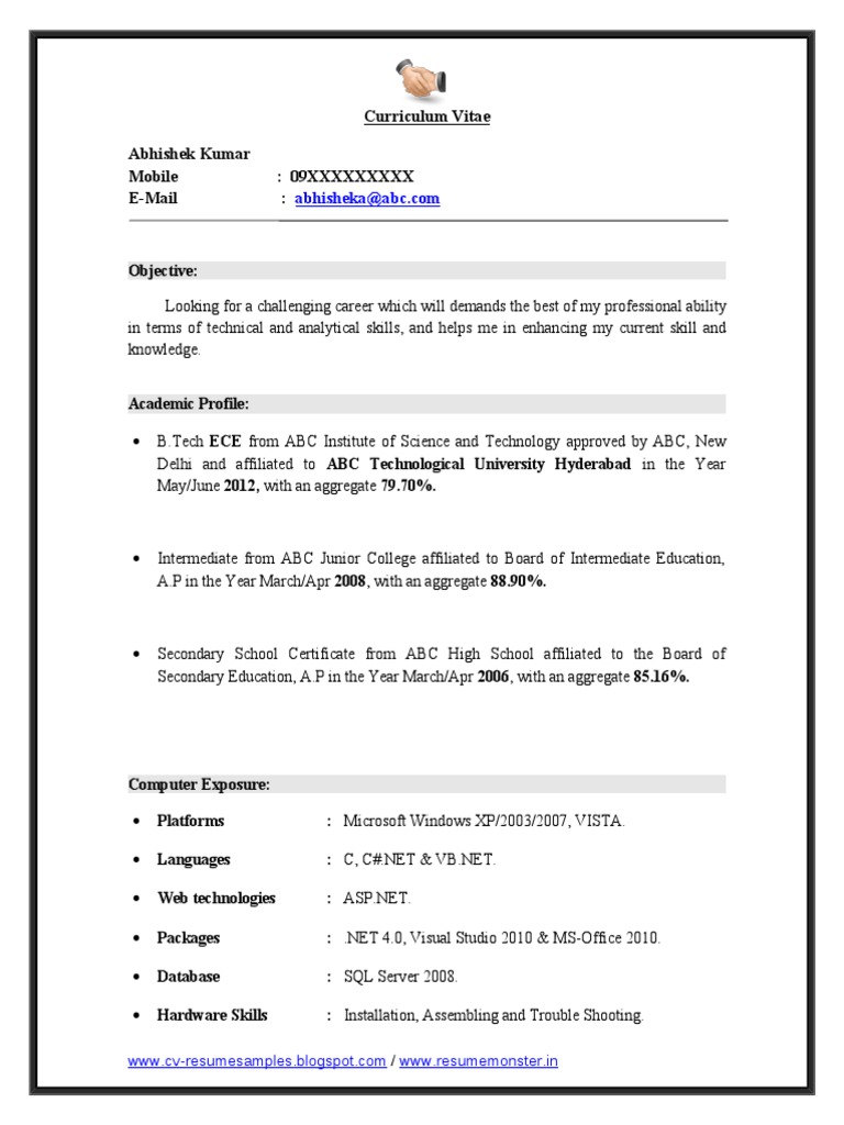 B.tech ECE Fresher Resume | PDF | Science Technology Engineering And ...