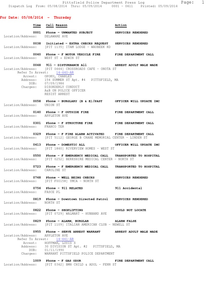 Pittsfield Police Dispatch Log 05/08/14 | PDF | Arrest | Criminal Law