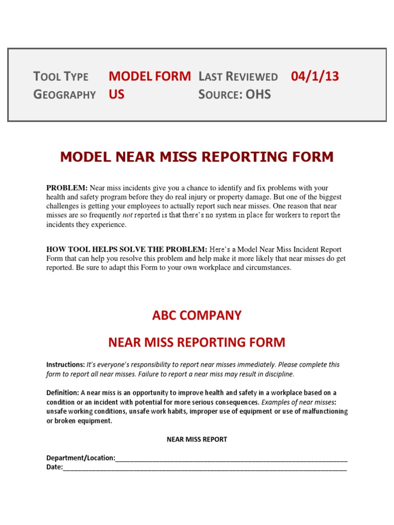 Model Near Miss Reporting Form | PDF | Technology & Engineering