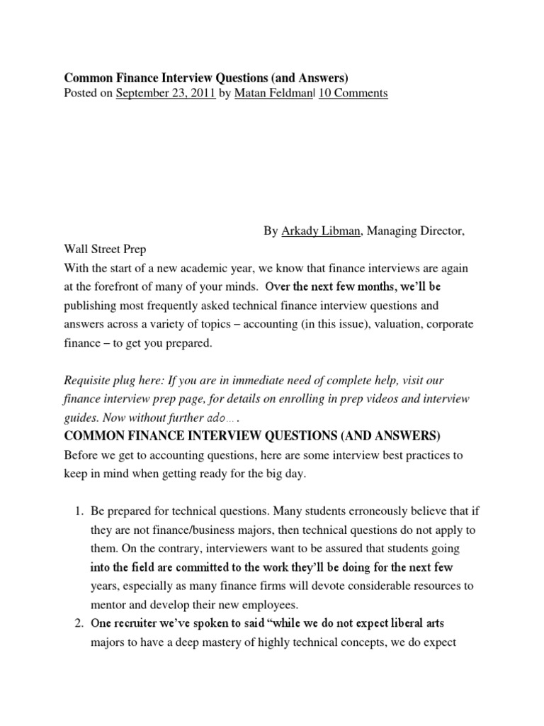 Common Finance Interview Questions | PDF | Goodwill (Accounting) | Book ... Common Finance Interview Questions | PDF | Goodwill (Accounting) | Book ...