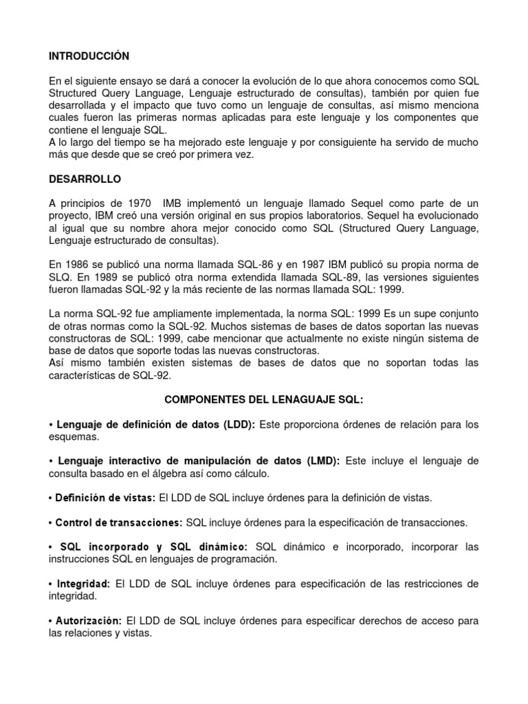 SQL - Ensayo | PDF | SQL | Bases de datos