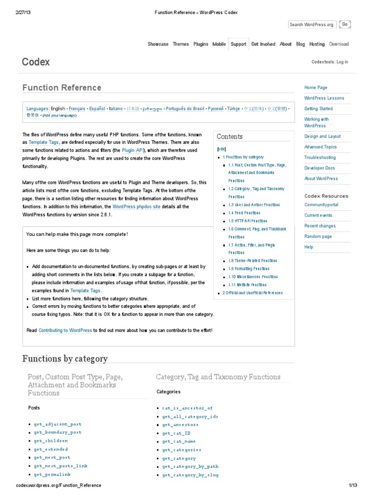 Function Reference - WordPress Codex | PDF | Word Press | Software