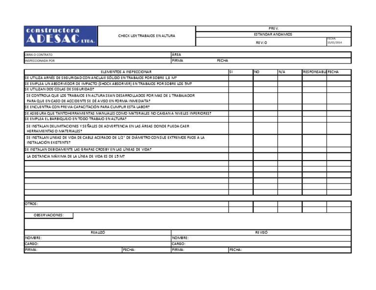 Lista de Chequeo para Trabajo en Altura | PDF