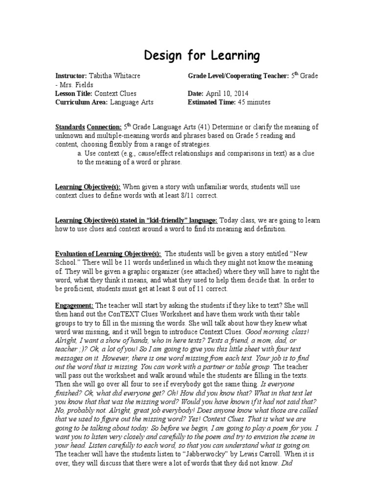 5th Grade Context Clues Lesson | PDF | Semantic Units | Linguistics