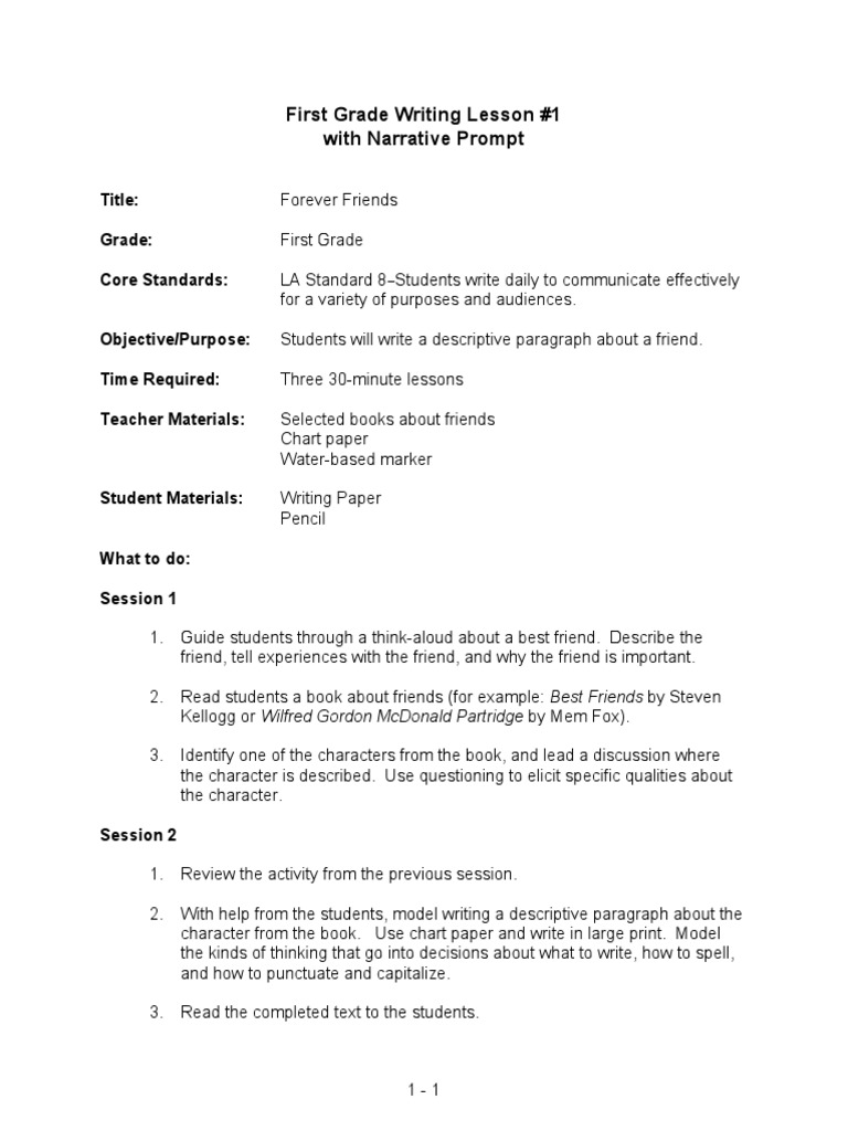 First Grade Writing Lesson #1 With Narrative Prompt: Title: Grade: Core ...
