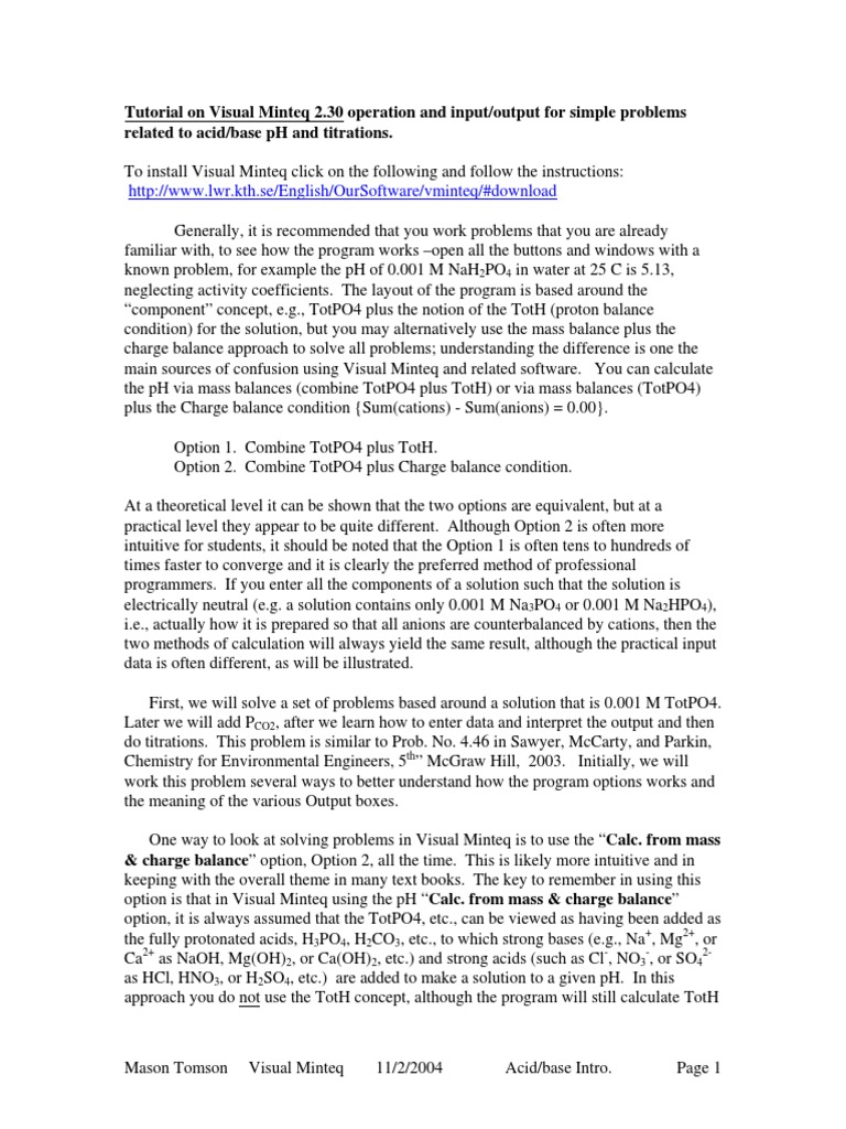 Tutorial On Visual Minteq 2.30 Intro Acid-Base | PDF | Ph | Titration