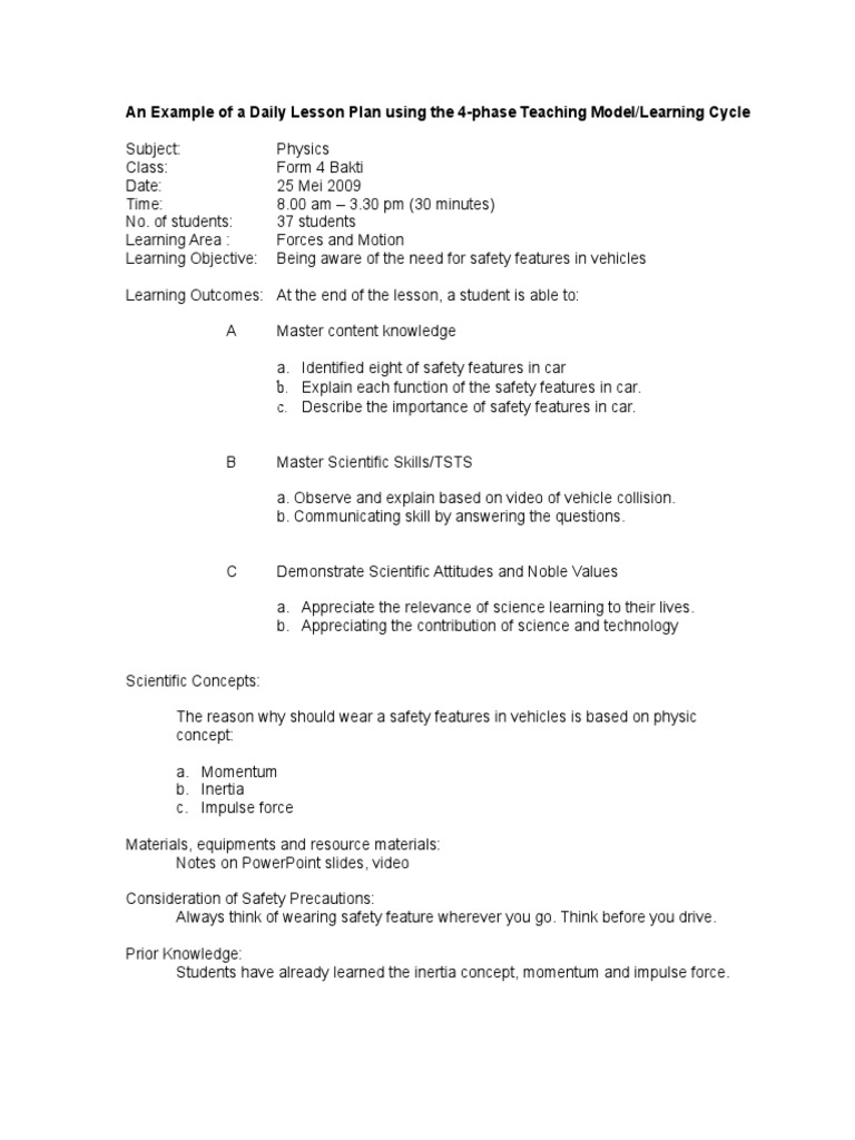 An Example of A Daily Lesson Plan Using The 4-Phase Teaching Model ...