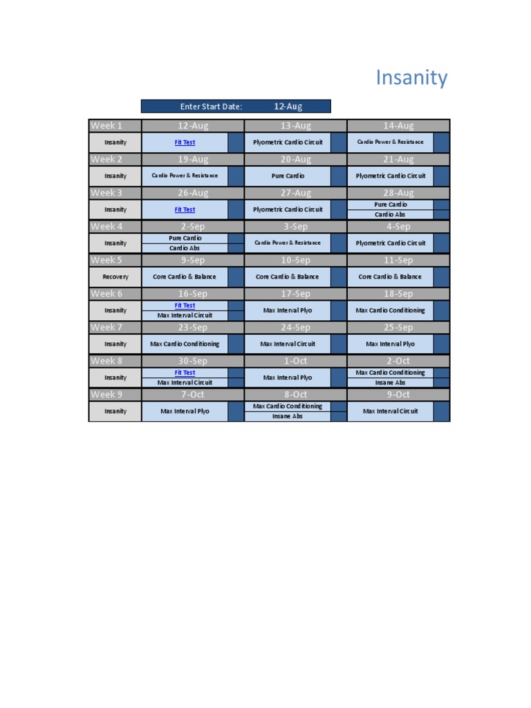 Insanity Workout Calendar Overview | PDF
