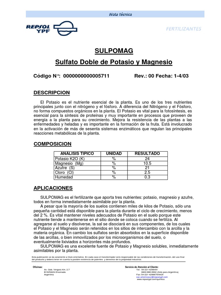 Fertilizante SULPOMAG: Potasio y Magnesio | PDF | Nutrientes | Fertilizante