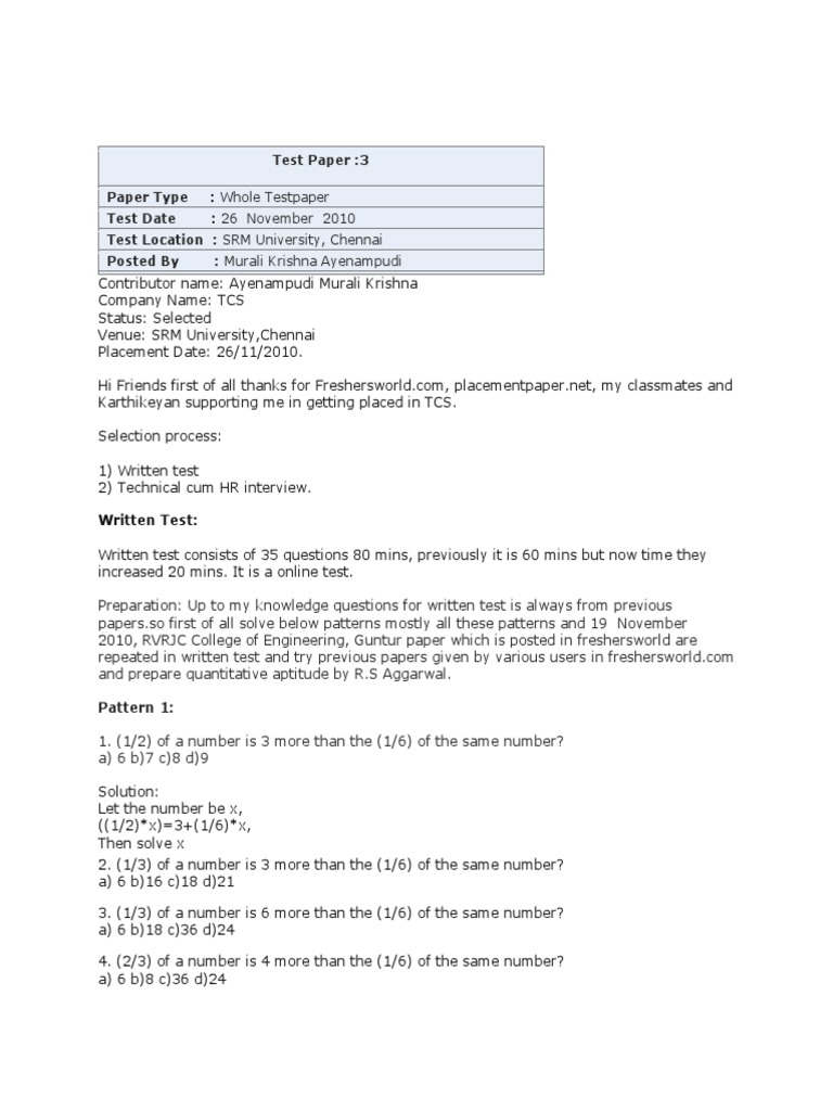 TCS placement paper test questions and answers | PDF | Dice | Ferrari