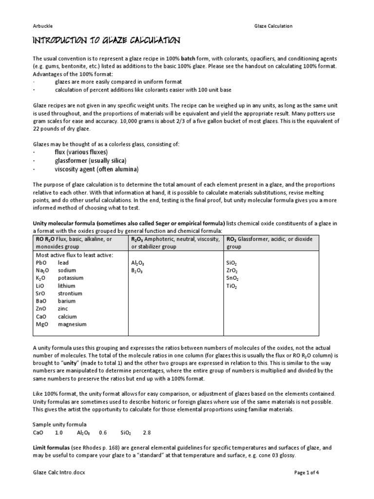 Introduction To Glaze Calculation | PDF | Formula | Silicon Dioxide