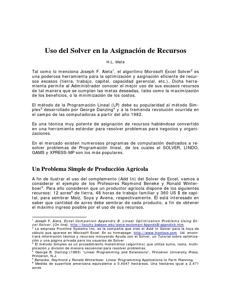 Uso Del Solver en La Asignacin de Recursos PDF | Descargar gratis PDF | Hoja de cálculo ...