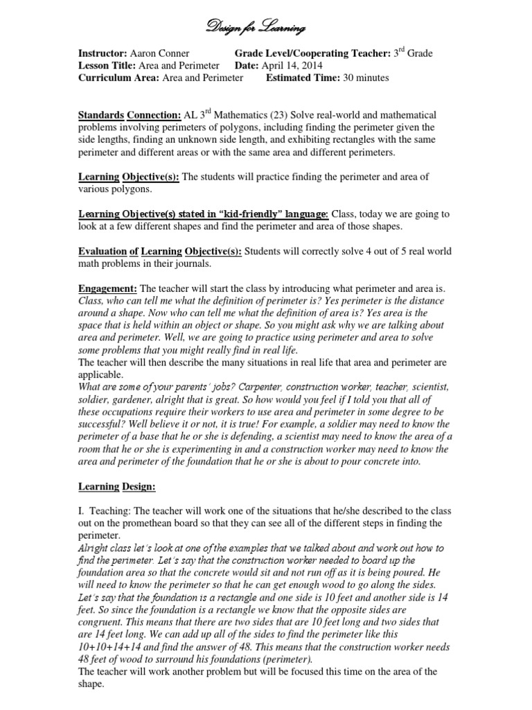 Area and Perimeter Lesson Plan | PDF | Teaching Mathematics | Teachers