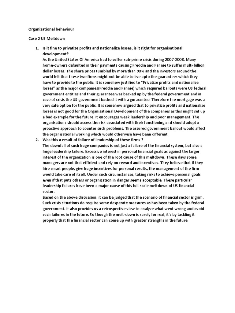 Organizational Behaviour Case Study | PDF | Fannie Mae | Bailout