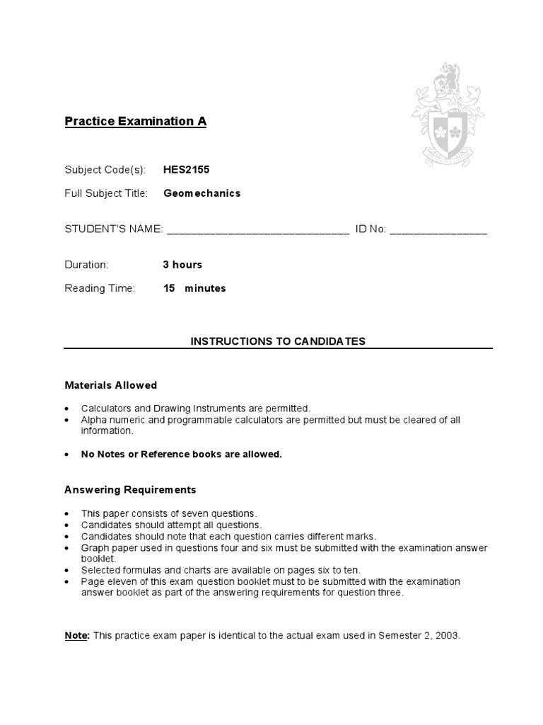 Analysis of Geomechanics Practice Examination Paper: Evaluating Soil ...