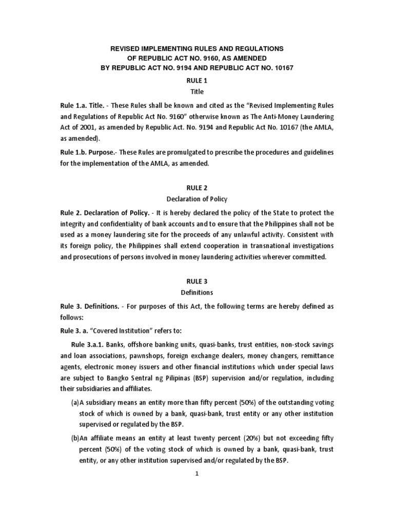 Amla Revised Implementing Rules and Regulations | Securities (Finance) | Money Laundering | Free ...