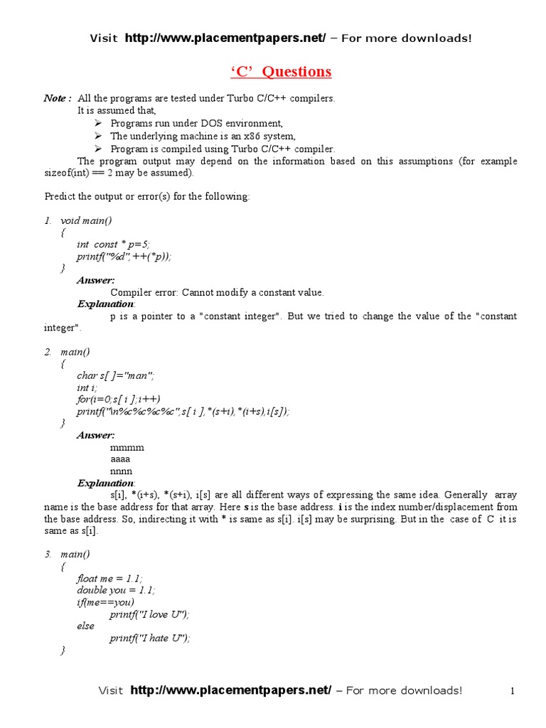 C Questions Visit For More Downloads Pdf Pointer Computer Programming C 