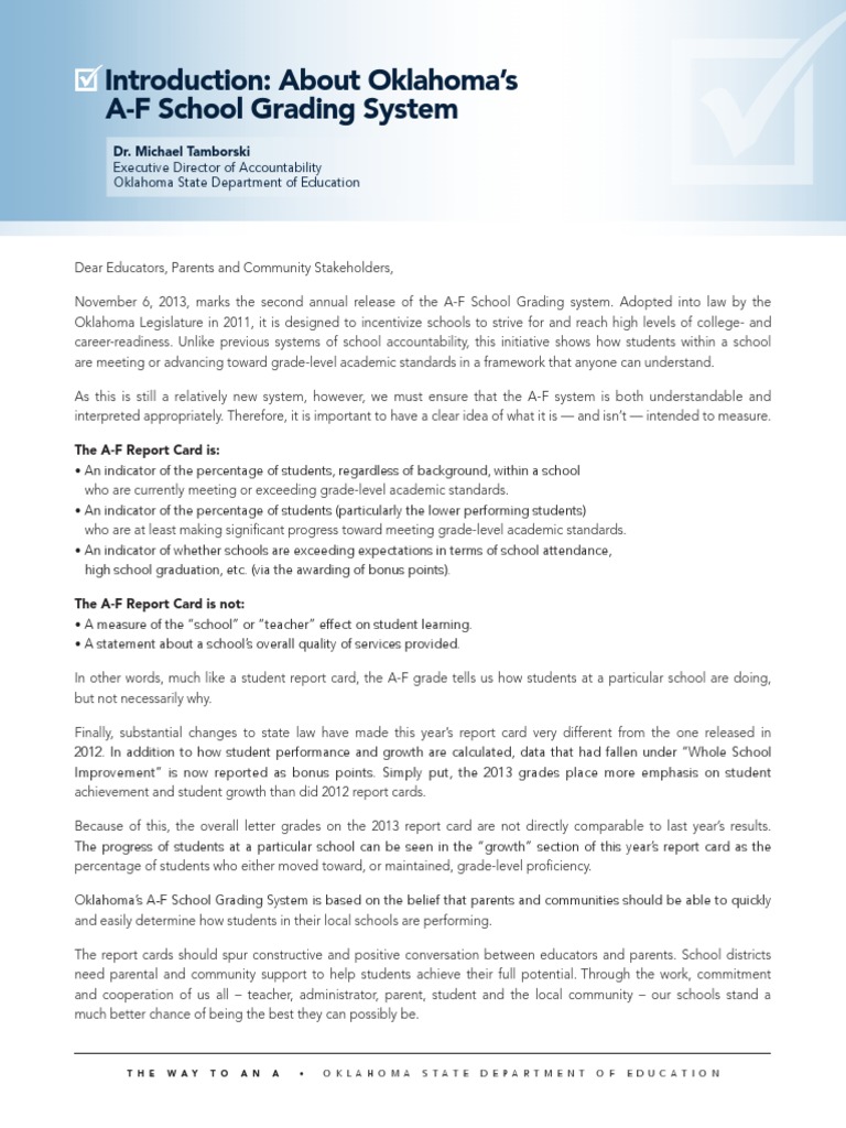 Oklahoma A-F School Grading Overview | PDF | Quality Of Life | Learning