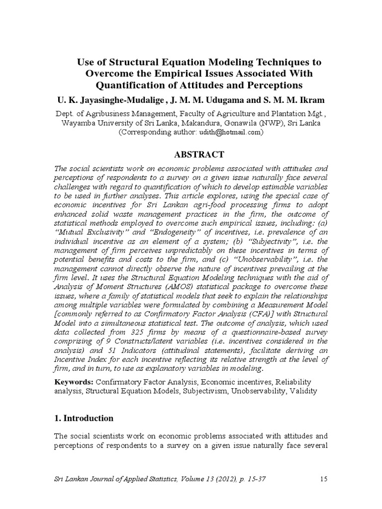 Use of Structural Equation Modeling Techniques To Overcome The Empirical Issues Associated With ...