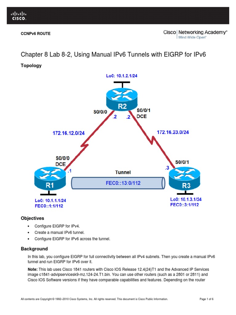 CCNPv6 ROUTE Lab8-2 Manual IPv6 Tunnel EIGRP Student Form | PDF | I Pv6 | Router (Computing)