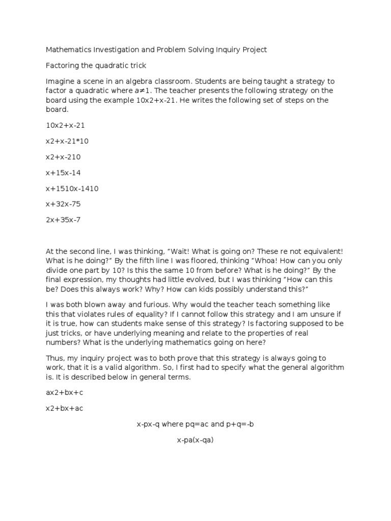 Mathematics Investigation And Problem Solving Inquiry Project Pdf Quadratic Equation
