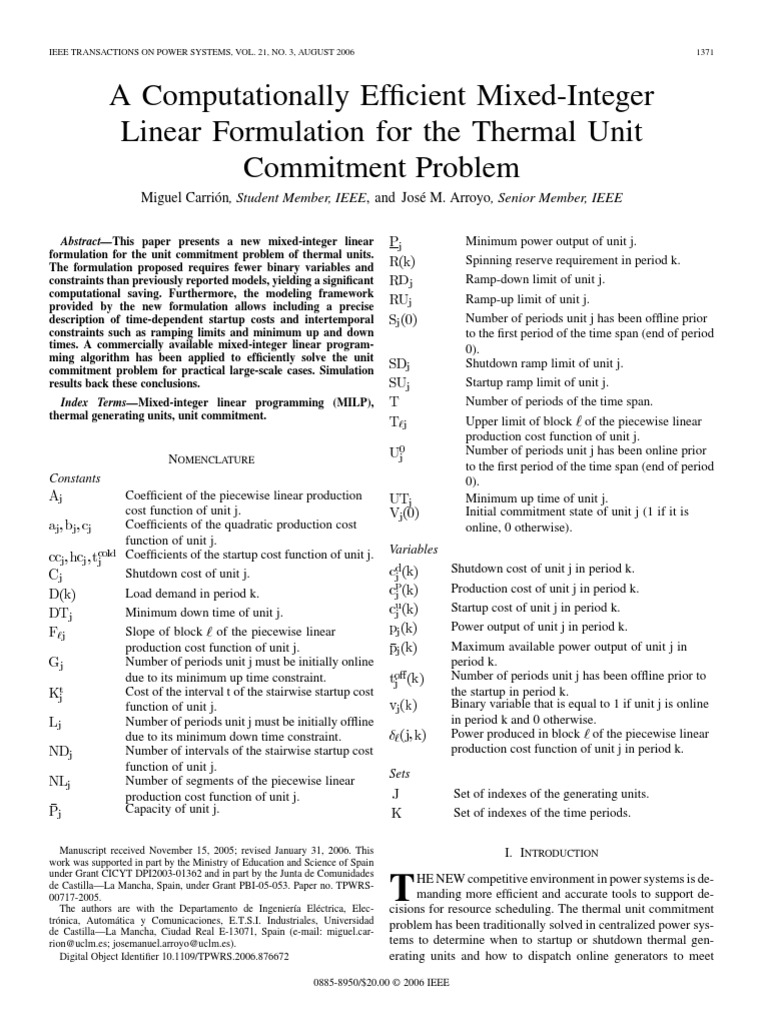 Milp Unit Commitment Formulation Pdf Linear Programming Scheduling Production Processes