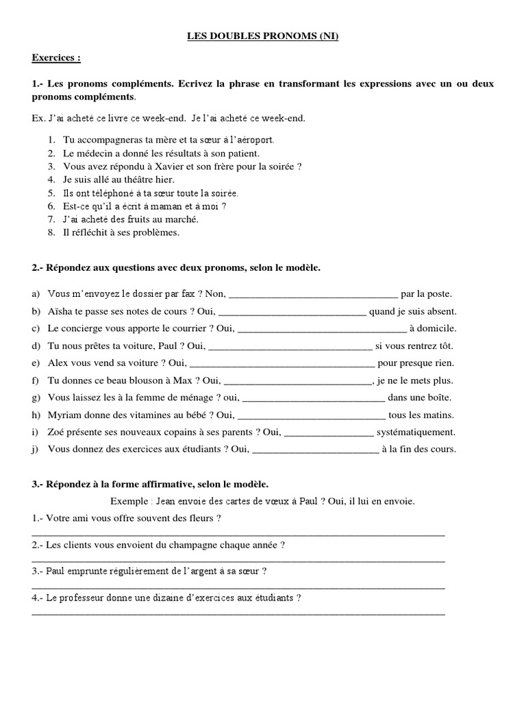 Exercices Doubles Pronoms+corrigé NI | PDF | Arts du langage et discipline