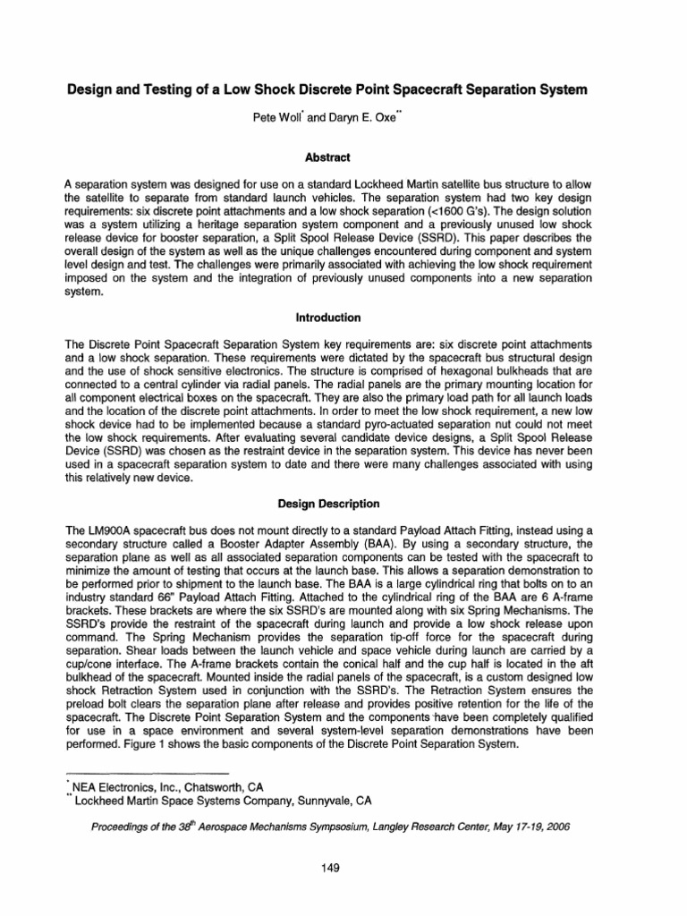 Design and Testing of A Low Shock Discrete Point Spacecraft Separation ...