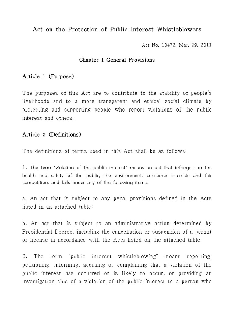 Act On The Protection of Public Interest Whistleblowers | PDF ...