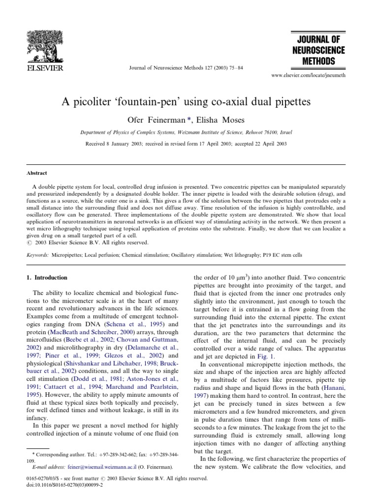A Picoliter Fountain-Pen' Using Co-Axial Dual Pipettes: Ofer Feinerman ...