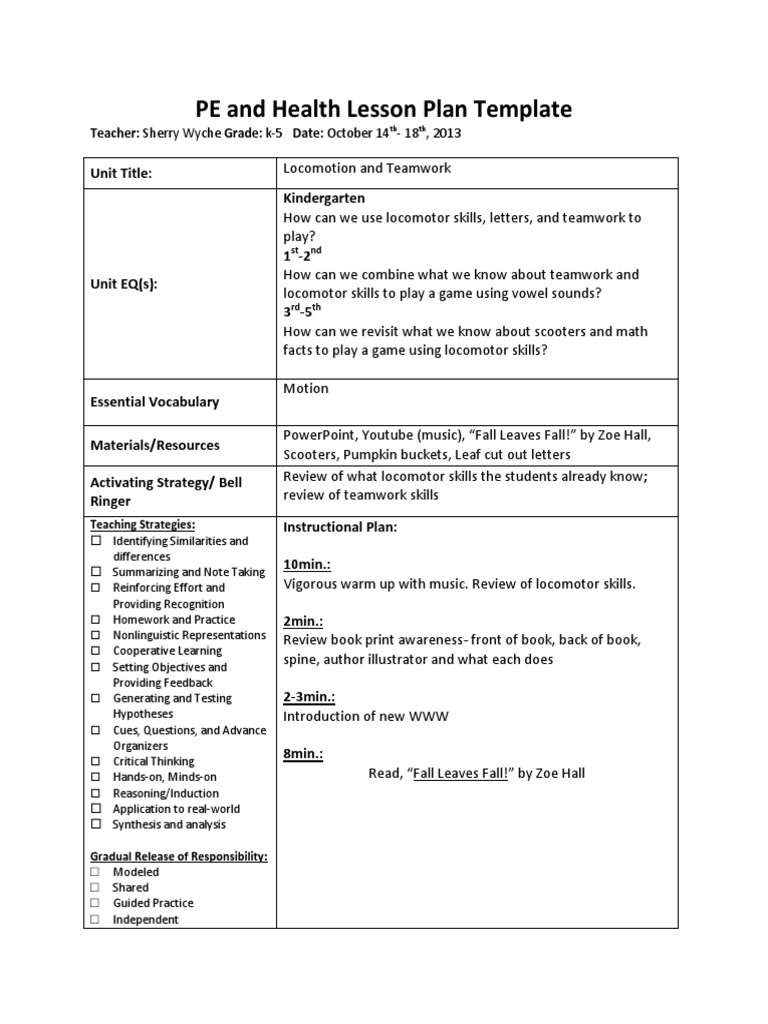 PE and Health Lesson Plan Template: Unit Title: Kindergarten | PDF ...