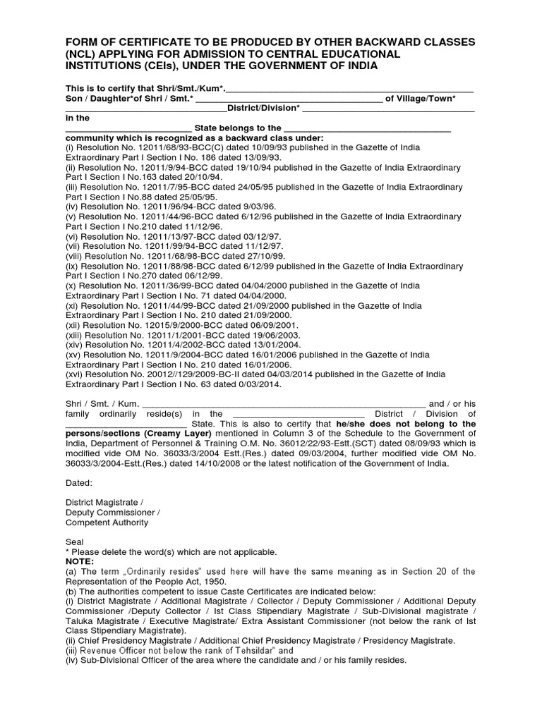 Caste Certificate Format | Download Free PDF | Magistrate | Government ...