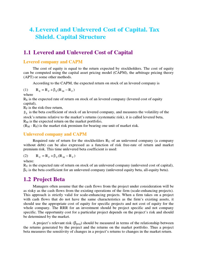 levered vs unlevered cost of capital. | Capital Asset Pricing Model ...