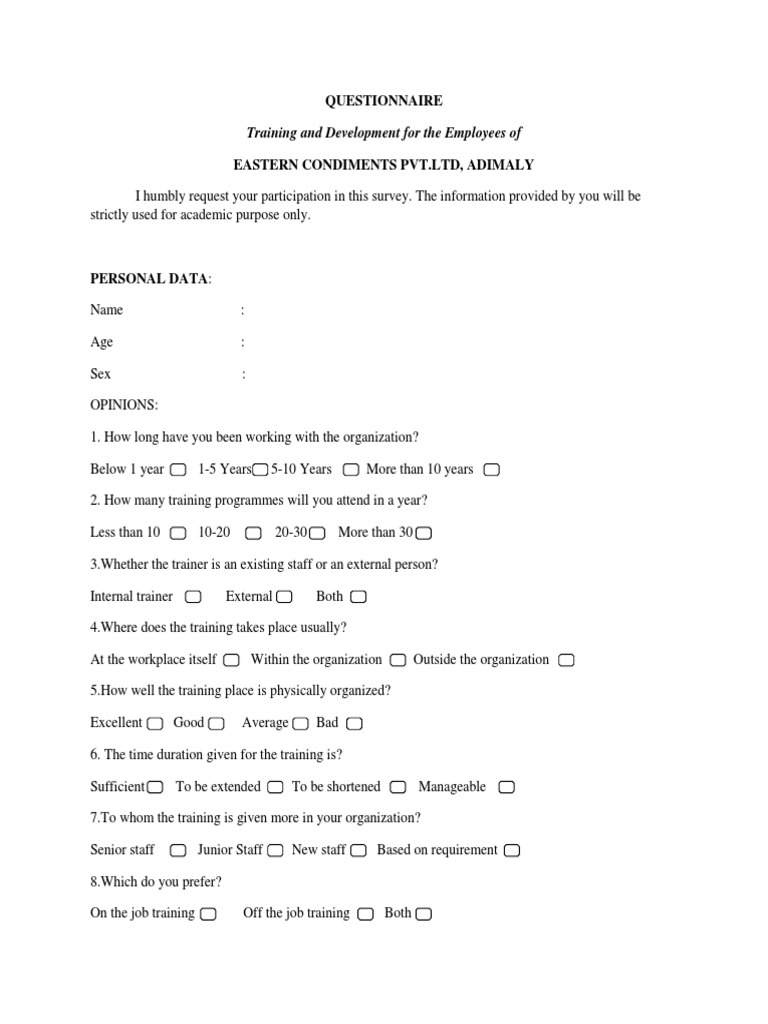 Questionnaire: Training and Development For The Employees of | PDF ...