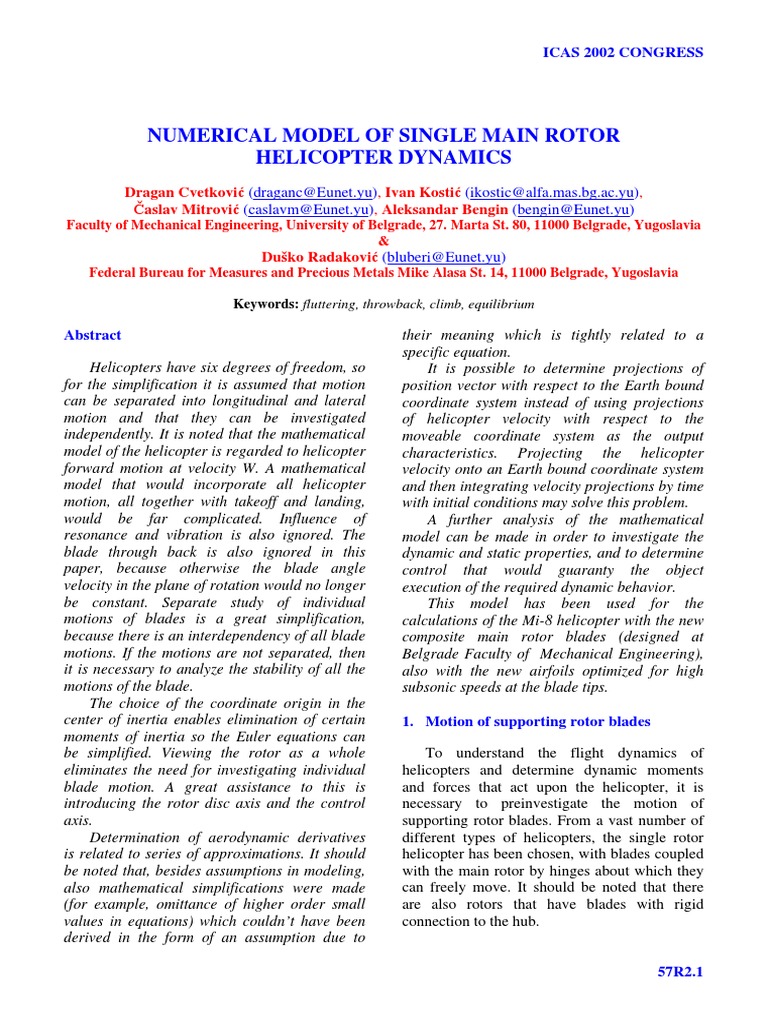 NR - Numerical Model of Single Main Rotor Helicopter Dynamics | PDF ...