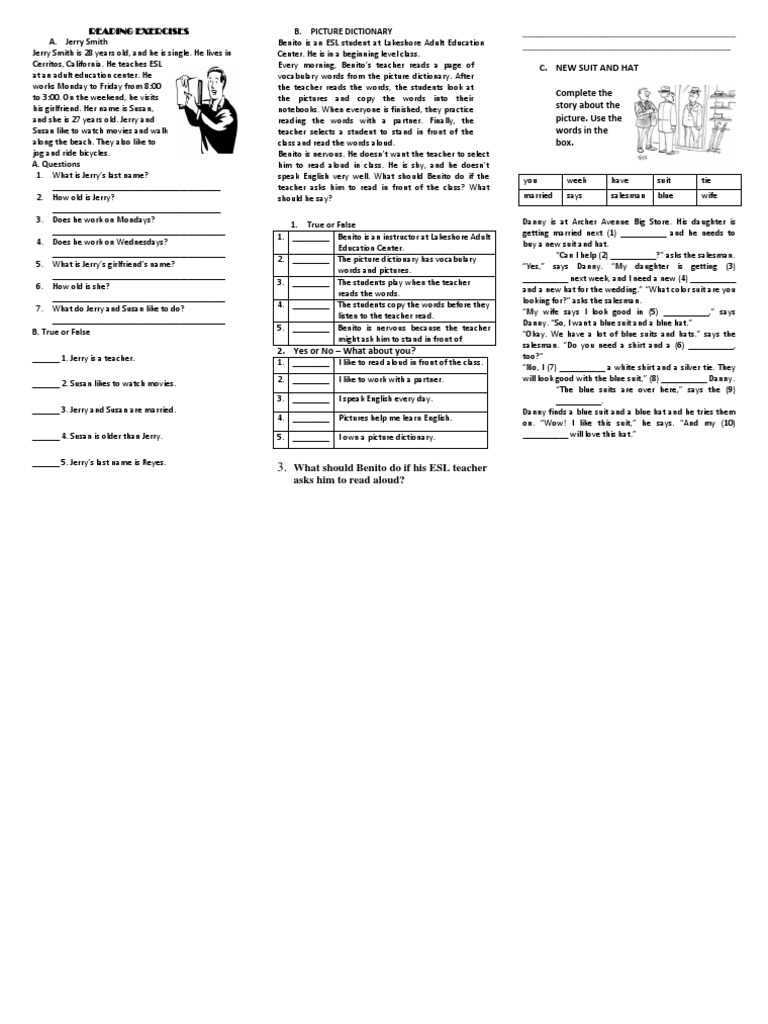 Reading Exercises Basic 1 | PDF | English As A Second Or Foreign ...