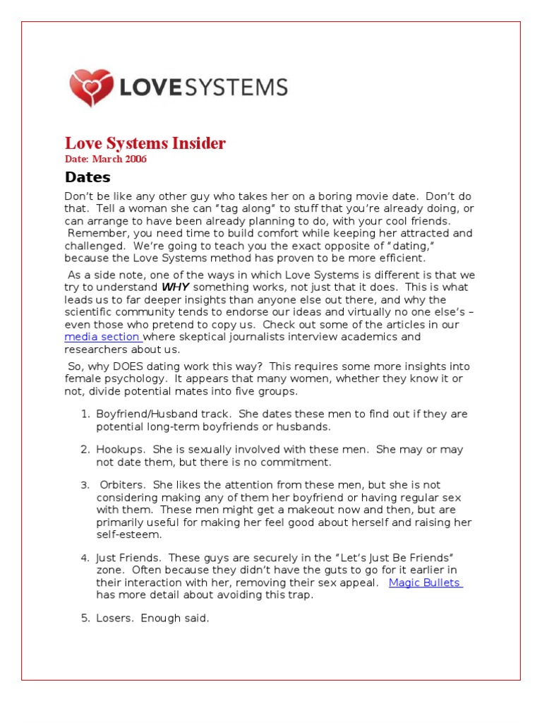 Love Systems Insider: Guide To Dates & Dating PART 1 | PDF | Psychology ...