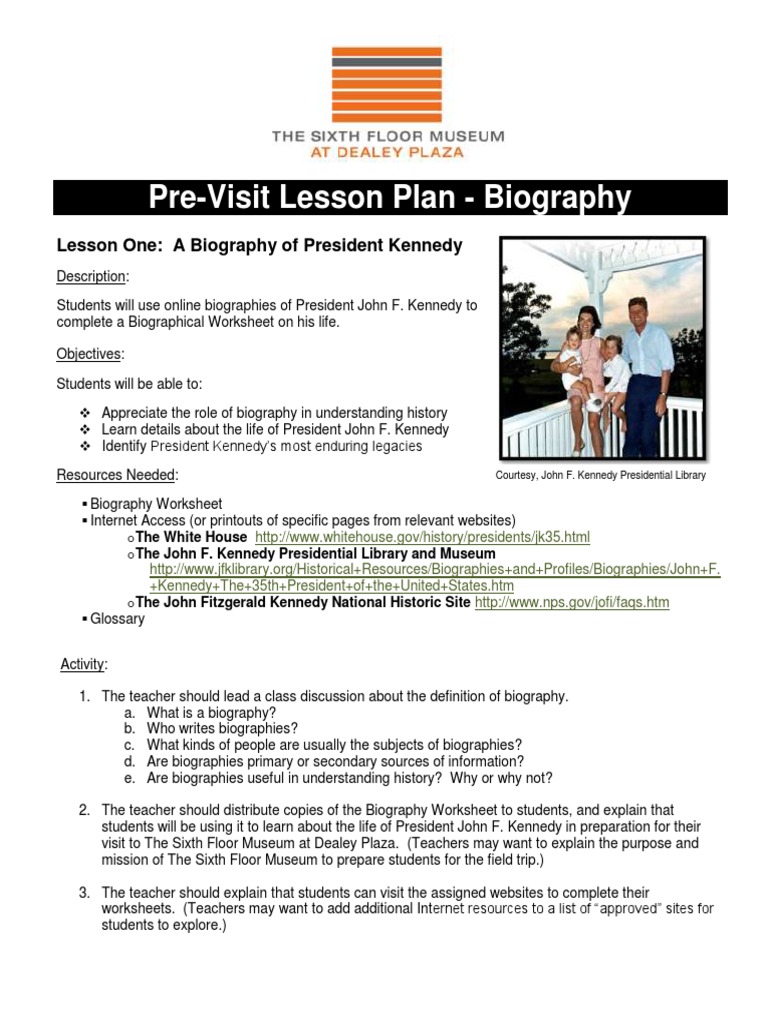 JFK Biography Pre Visit Lesson Plan | PDF | John F. Kennedy | Lesson Plan