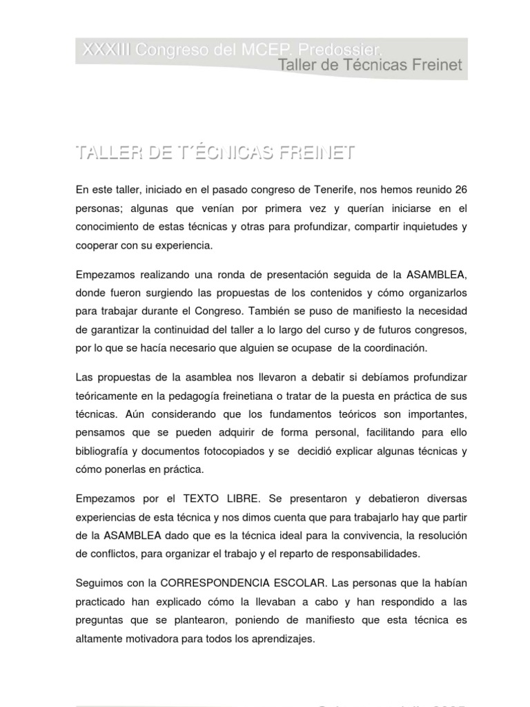 Taller Tecnicas Freinet | PDF | Aprendizaje | Modificación de comportamiento