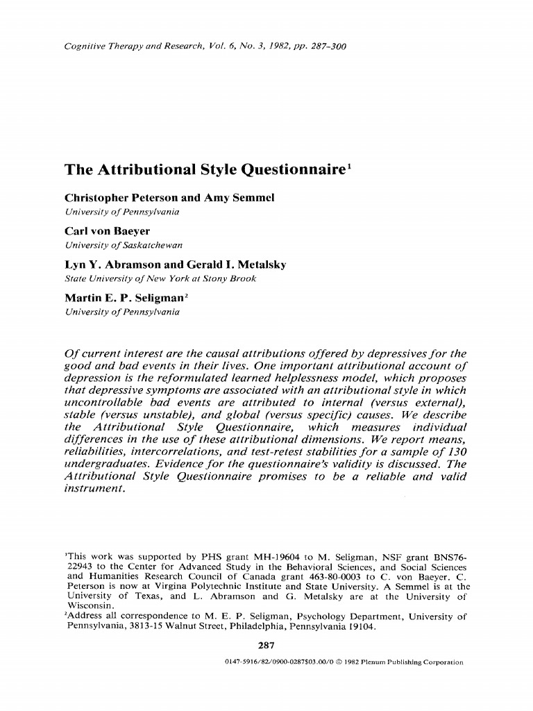 Attributional Style Questionnaire (ASQ) | PDF | Cronbach's Alpha ...